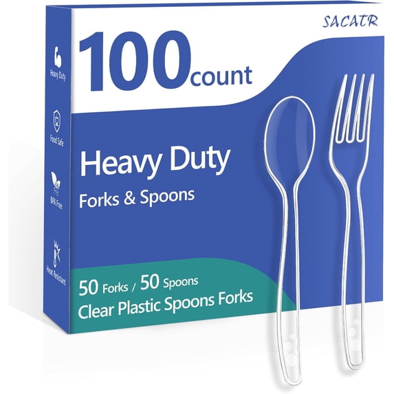 100 Count Plastic Silverware Heavy Duty -50 Forks, 50 Spoons, BPA-Free ...