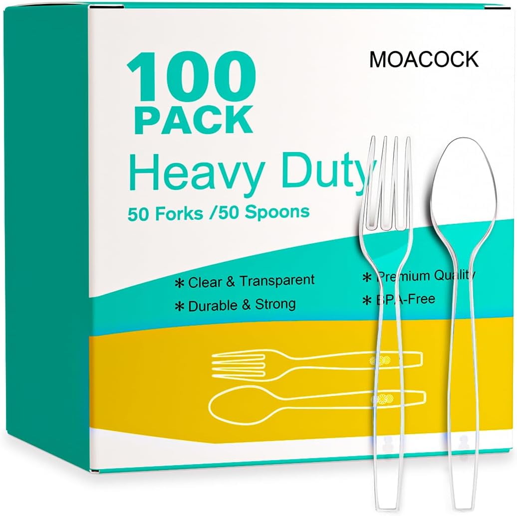 100 Count Plastic Silverware, Heavy Weight Plastic Forks Spoons ...