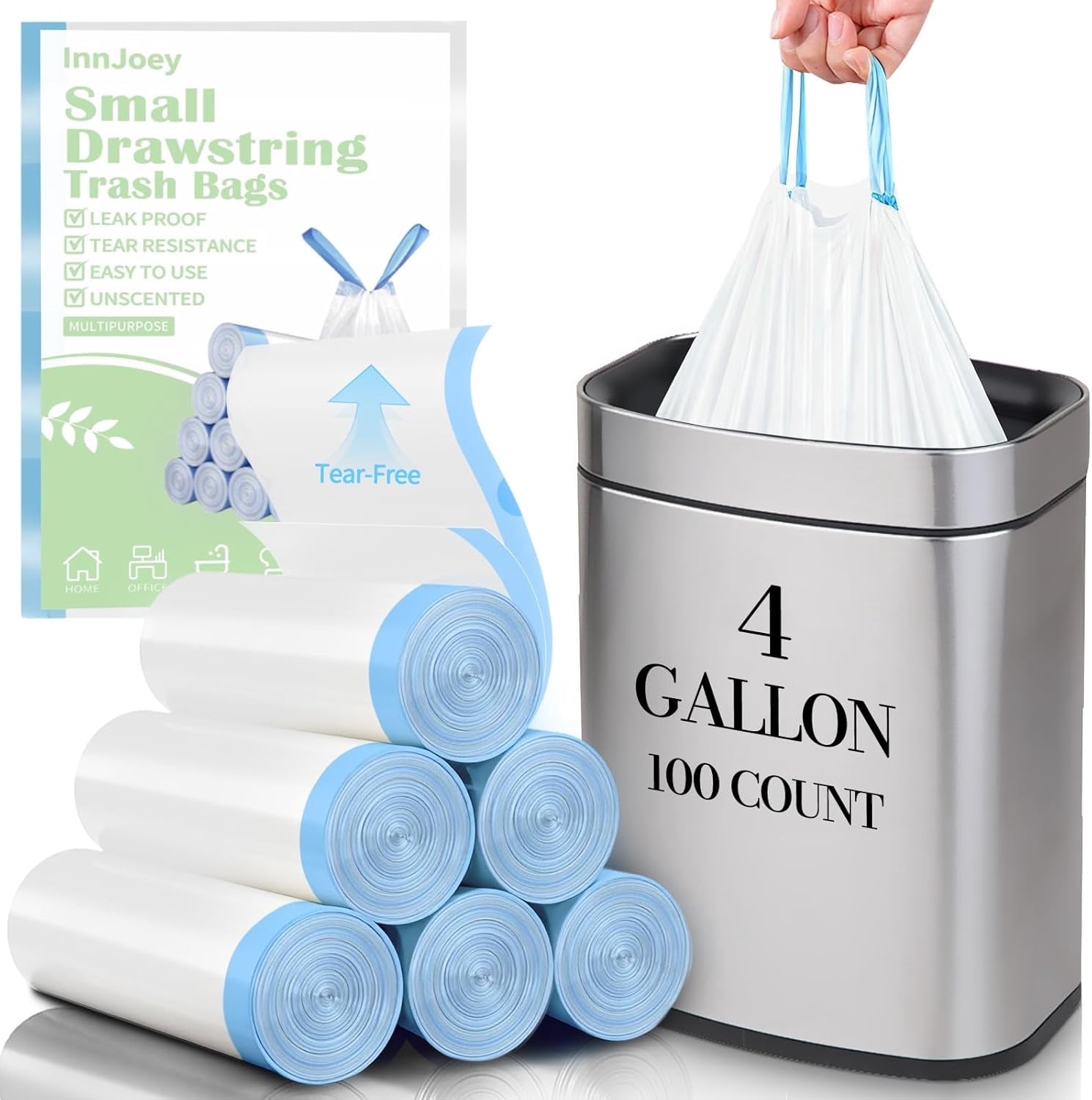 100 Count Small Drawstring Trash Bags for 4-Gallon (15 L) Trash Cans ...