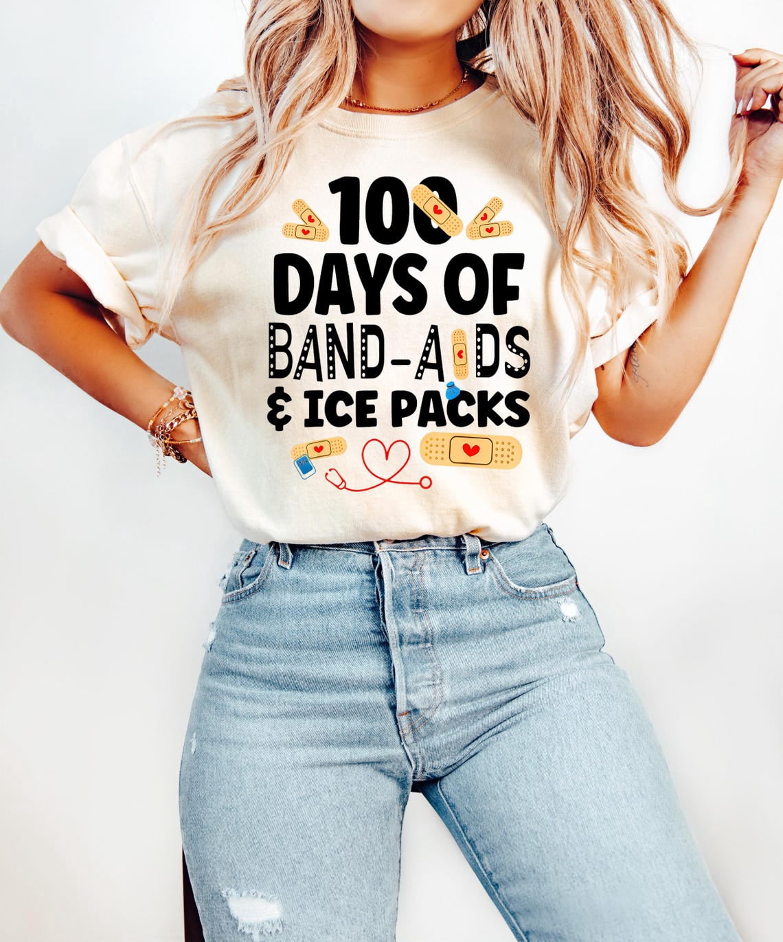 100 Days Care Theme Shirt, Bandage Heart Graphic Tee, Kindness Inspired ...