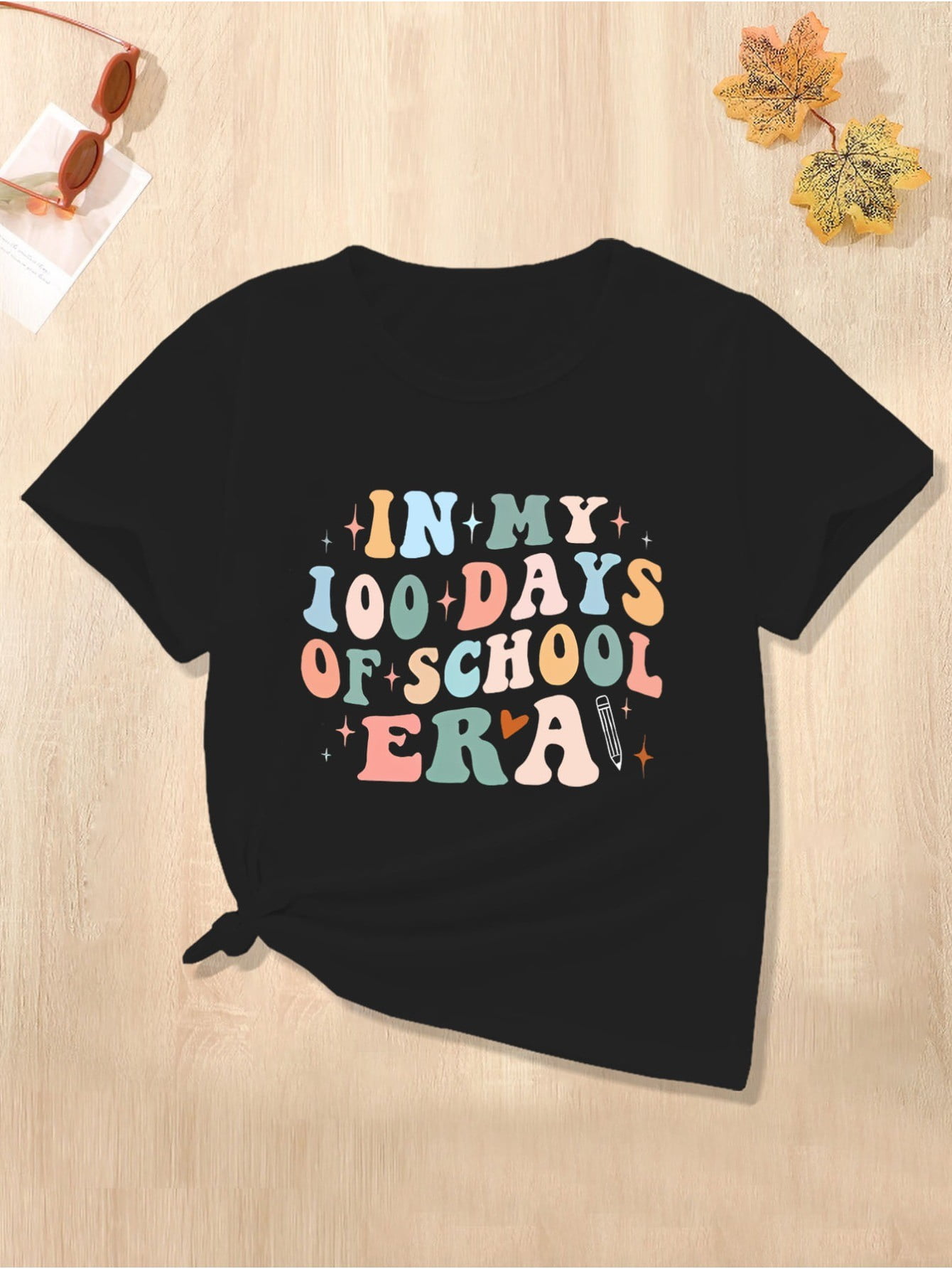 100 Days Of School Print Tee, Girls' Casual & Comfy Crew Neck Short ...