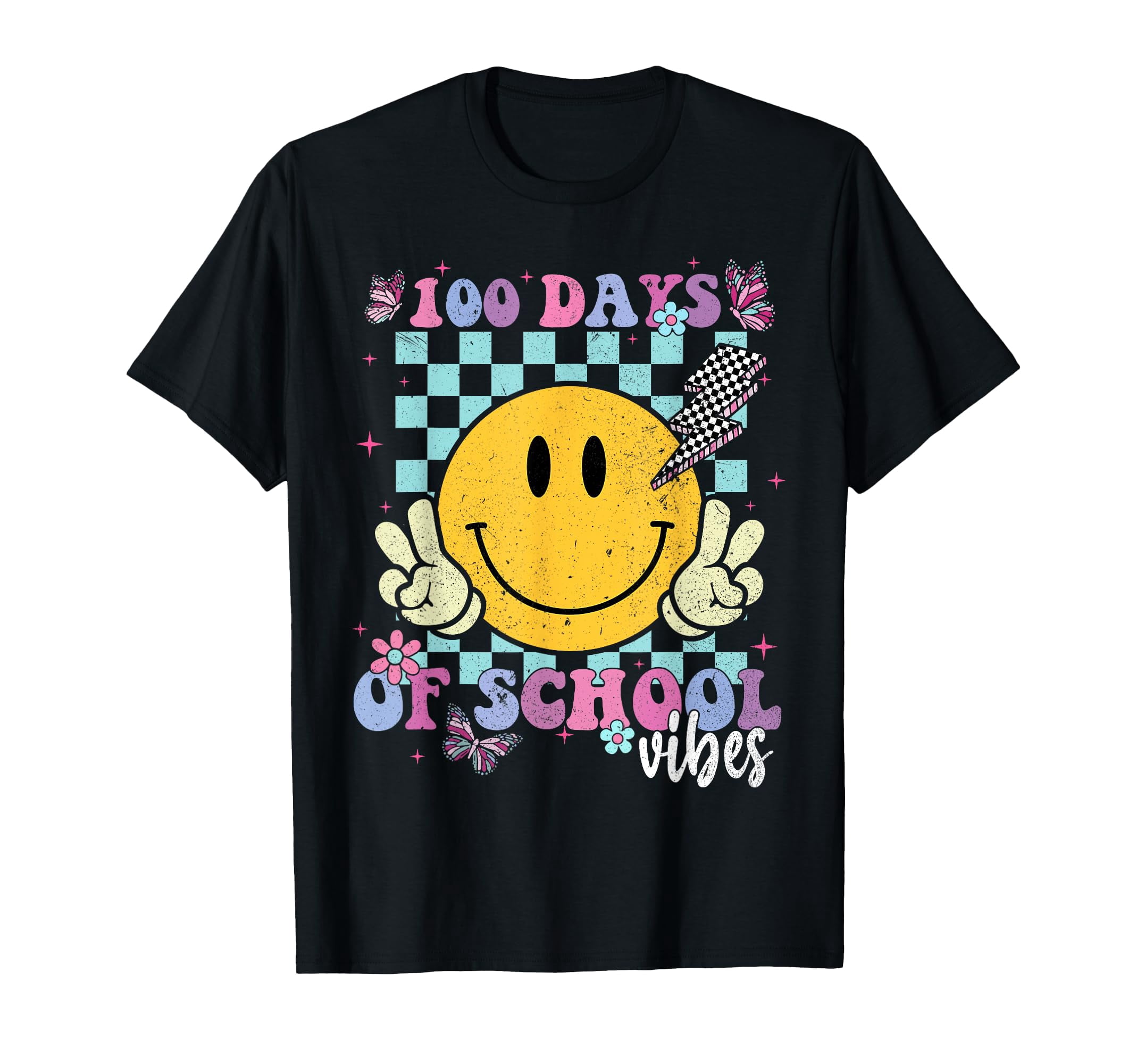 100 Days Of School Vibes Groovy Smile Face T-Shirt with Peace Sign ...