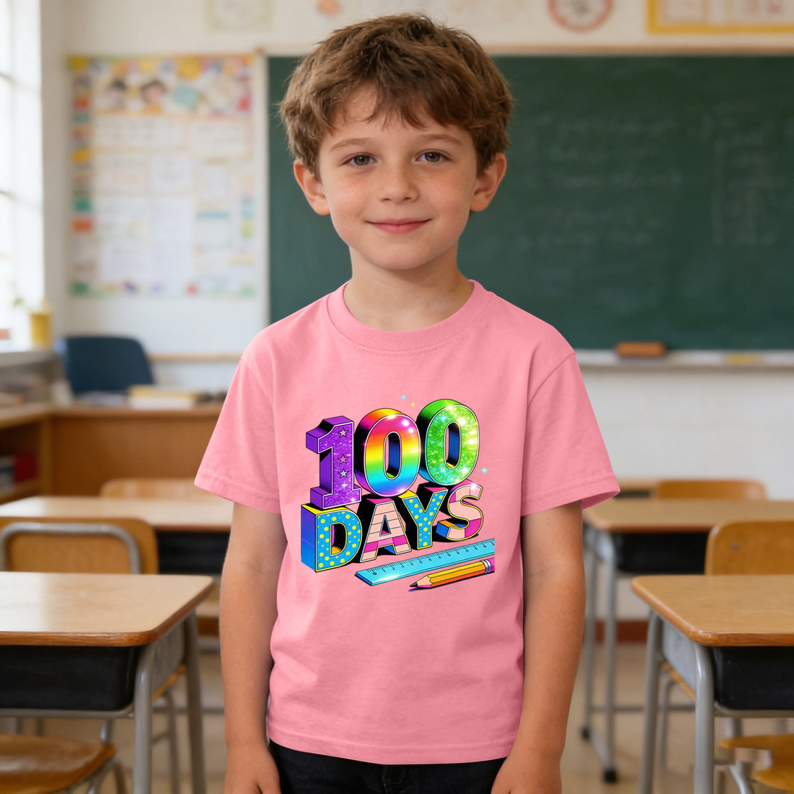 100 Days of School Shirt Boys Pink, 100% Cotton Short Sleeve T-Shirt ...