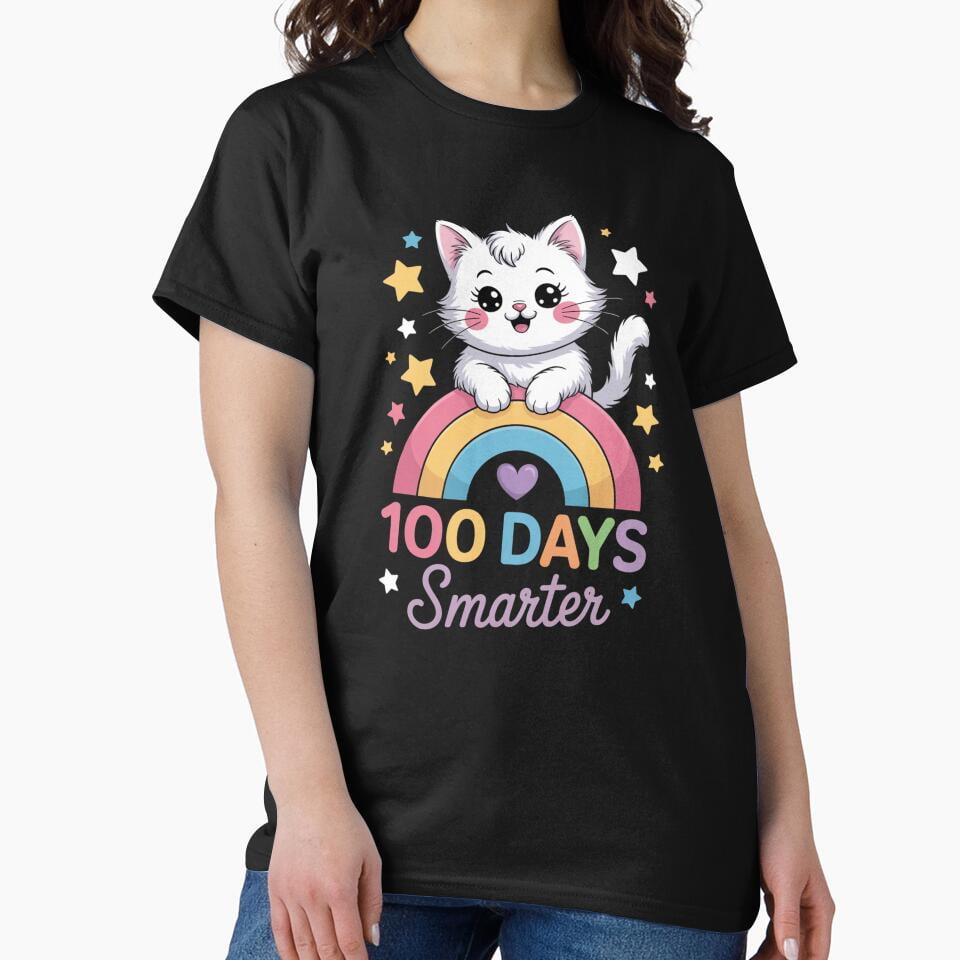 100 Days Smarter Rainbow Cat Funny School - Soft Touch H3690 T-Shirt ...