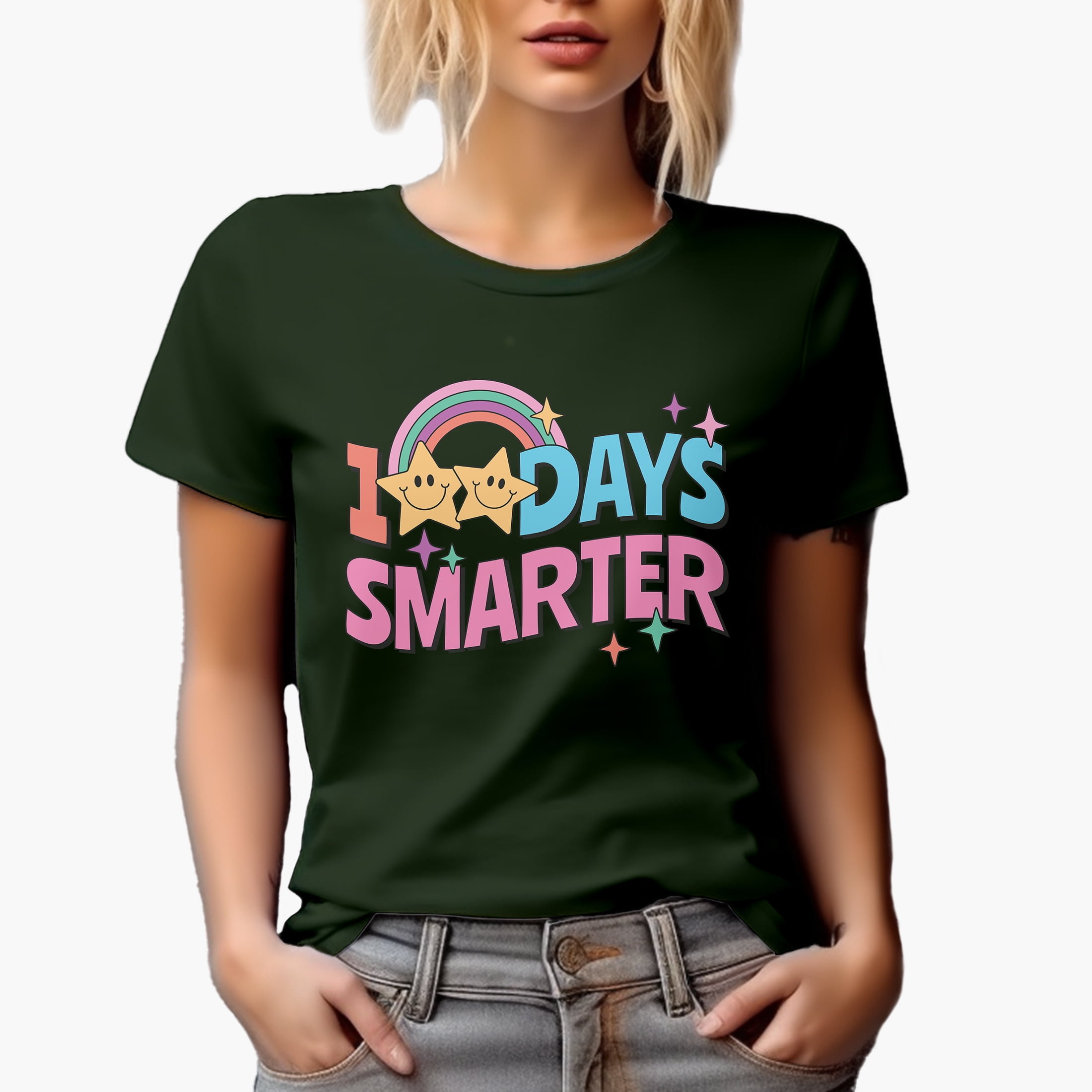100 Days Smarter, Retro Wavy Text & Rainbow Merch Gift, Military Green ...