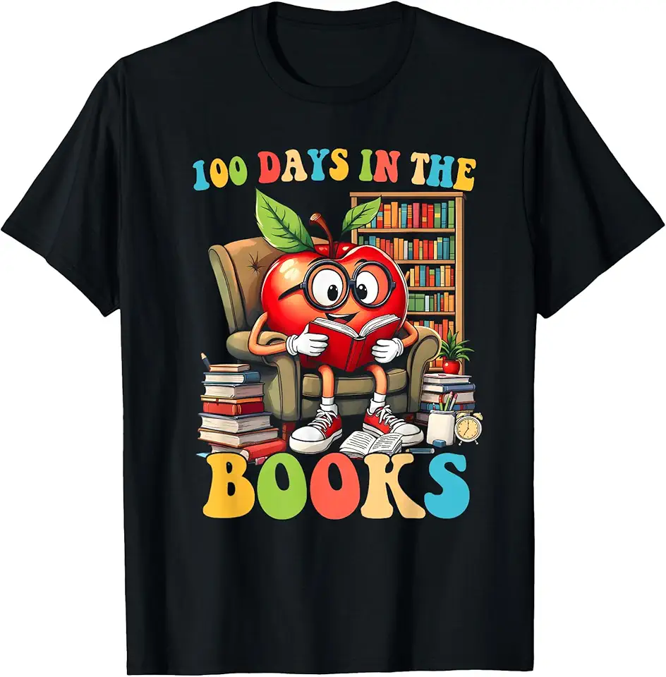 100 Days in The Books Reading Teacher 100th Day of School T-Shirt ...