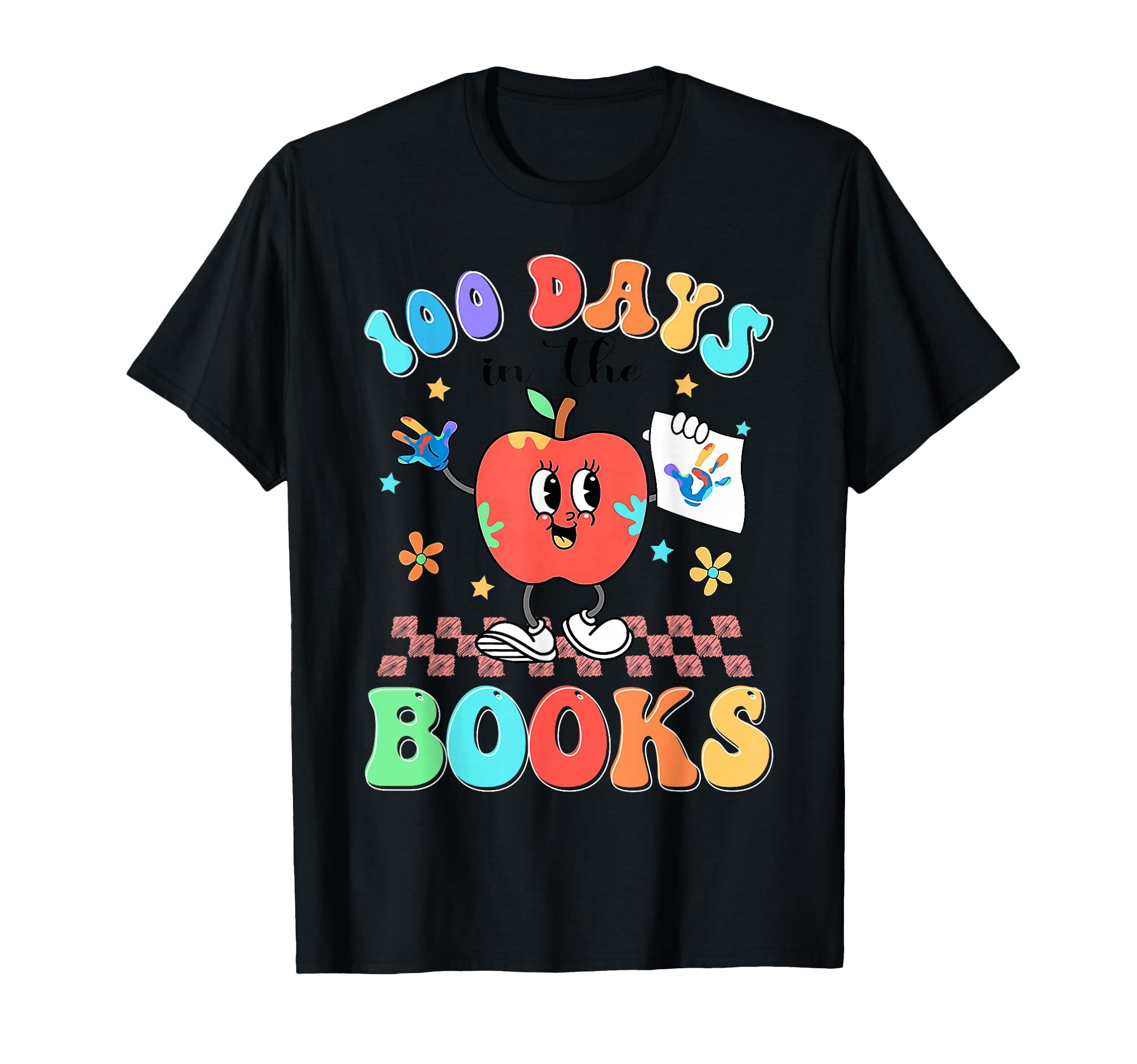 100 Days in The Books Reading Teacher T-Shirt with Playful Apple ...