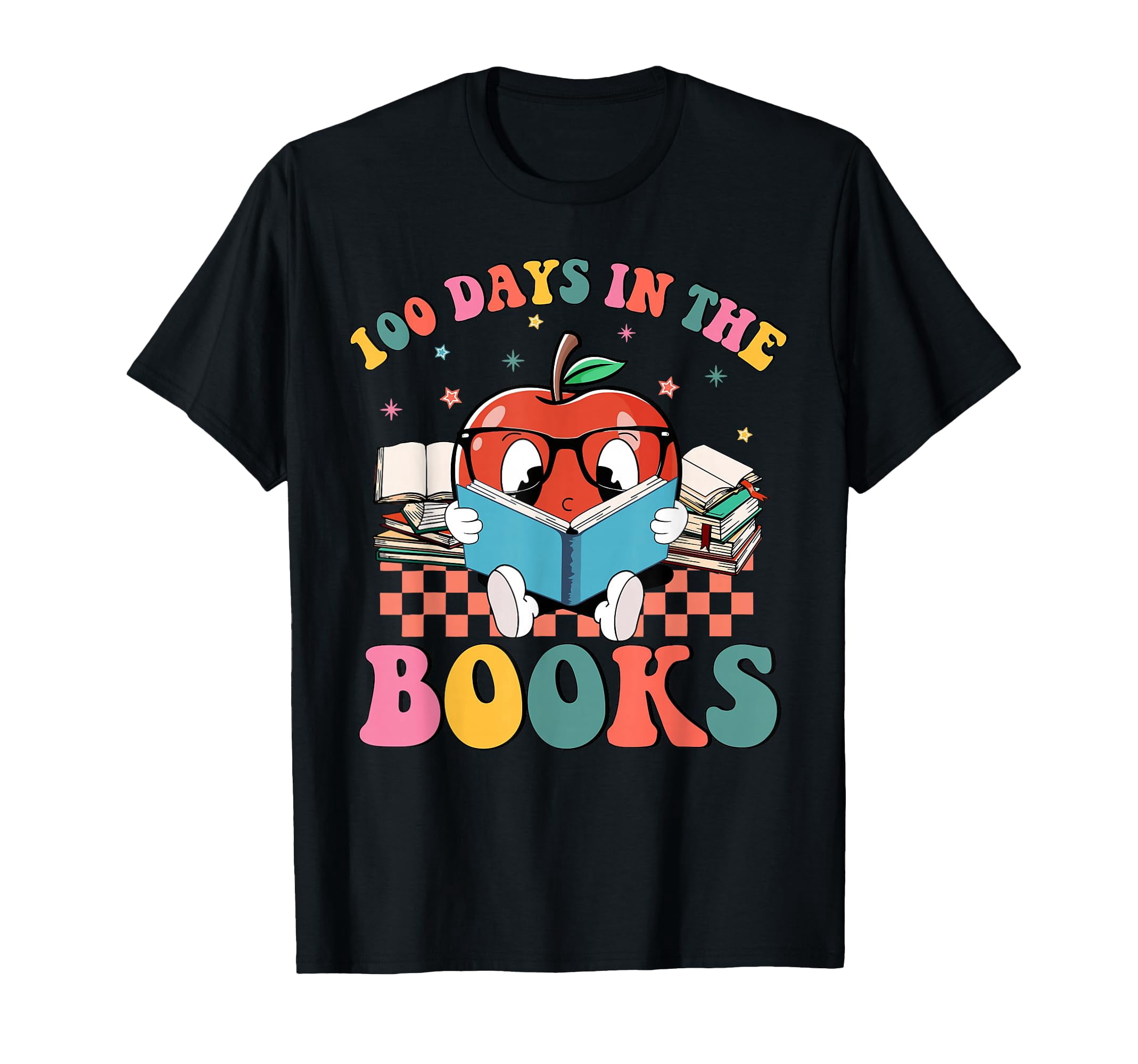 100 Days in the Books Reading Teacher T-Shirt with Cute Cartoon Apple ...