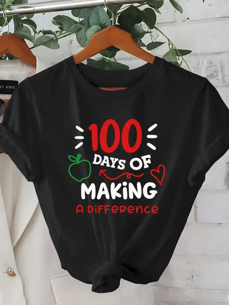 100 Days of Making A Difference Teacher Graphic Women Short Sleeve T ...