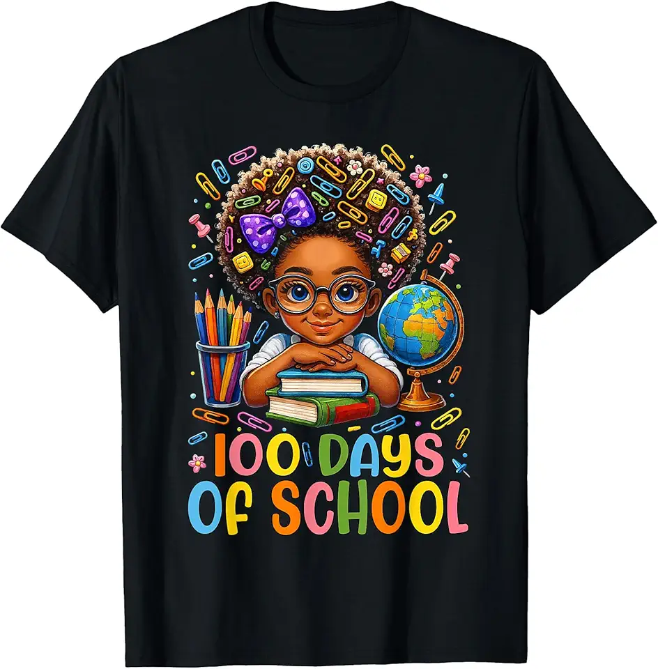 100 Days of School Afro Girl Messy Bun 100 Days Smarter Kids T-Shirt ...