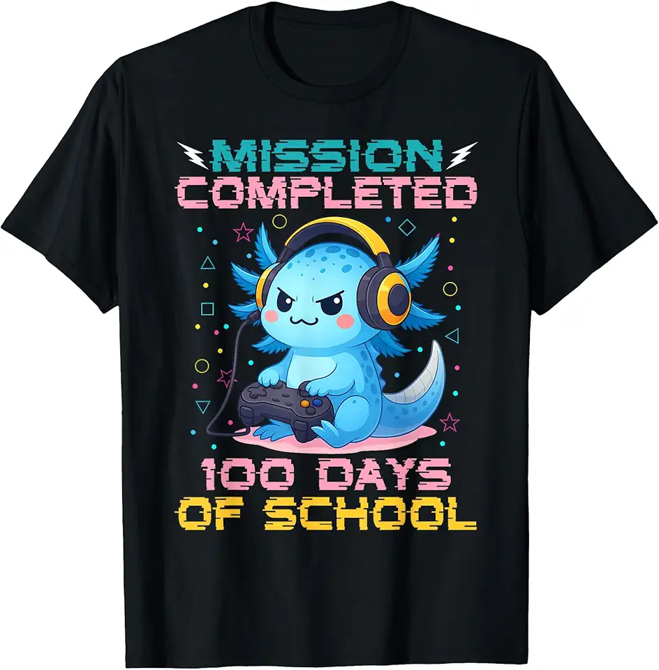 100 Days of School Boys Gamer Axolot 100th Day of School T-Shirt ...