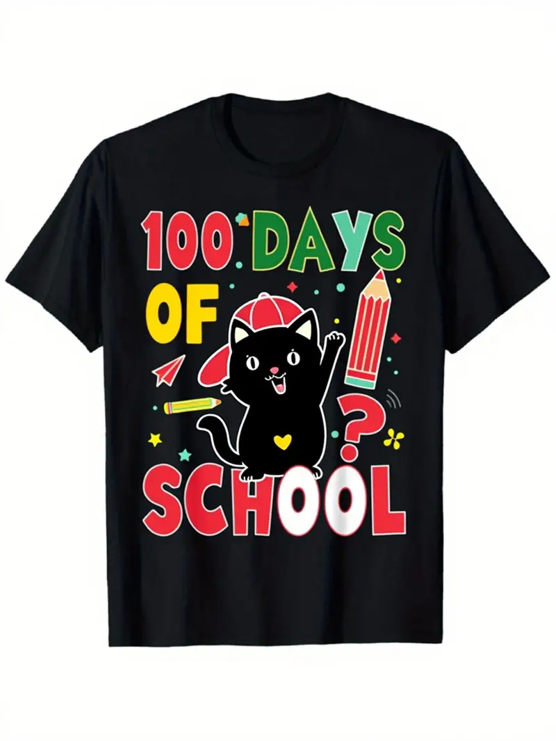 100 Days of School Cat Pencil Funny Graphic Unisex Cotton Short Sleeve ...