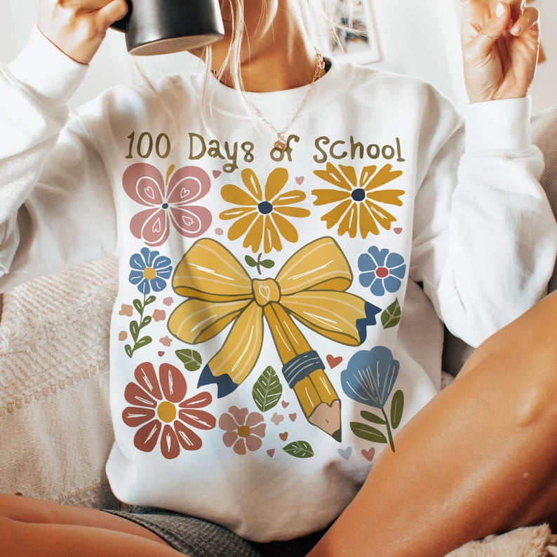 100 Days of School Coquette Sweatshirt, Boho Teacher Pullover, Cute Bow ...