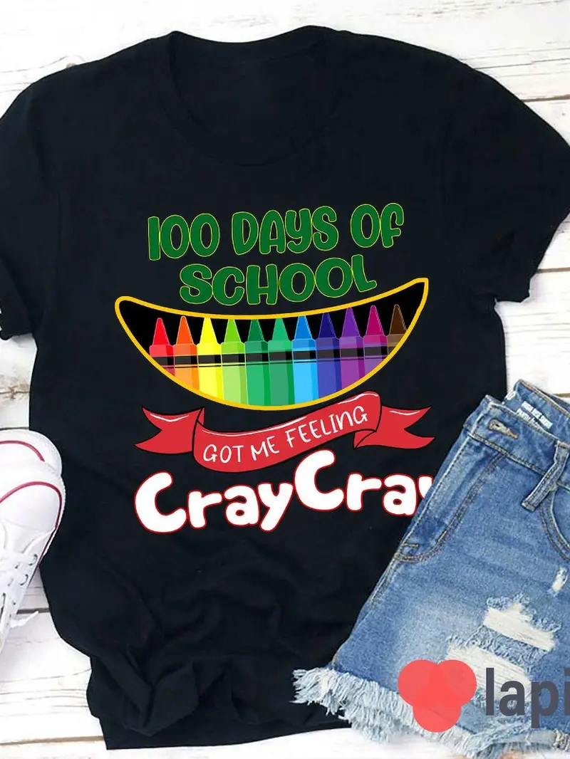 100 Days of School Funny Crayon Smile Teacher Women Graphic T-Shirt ...