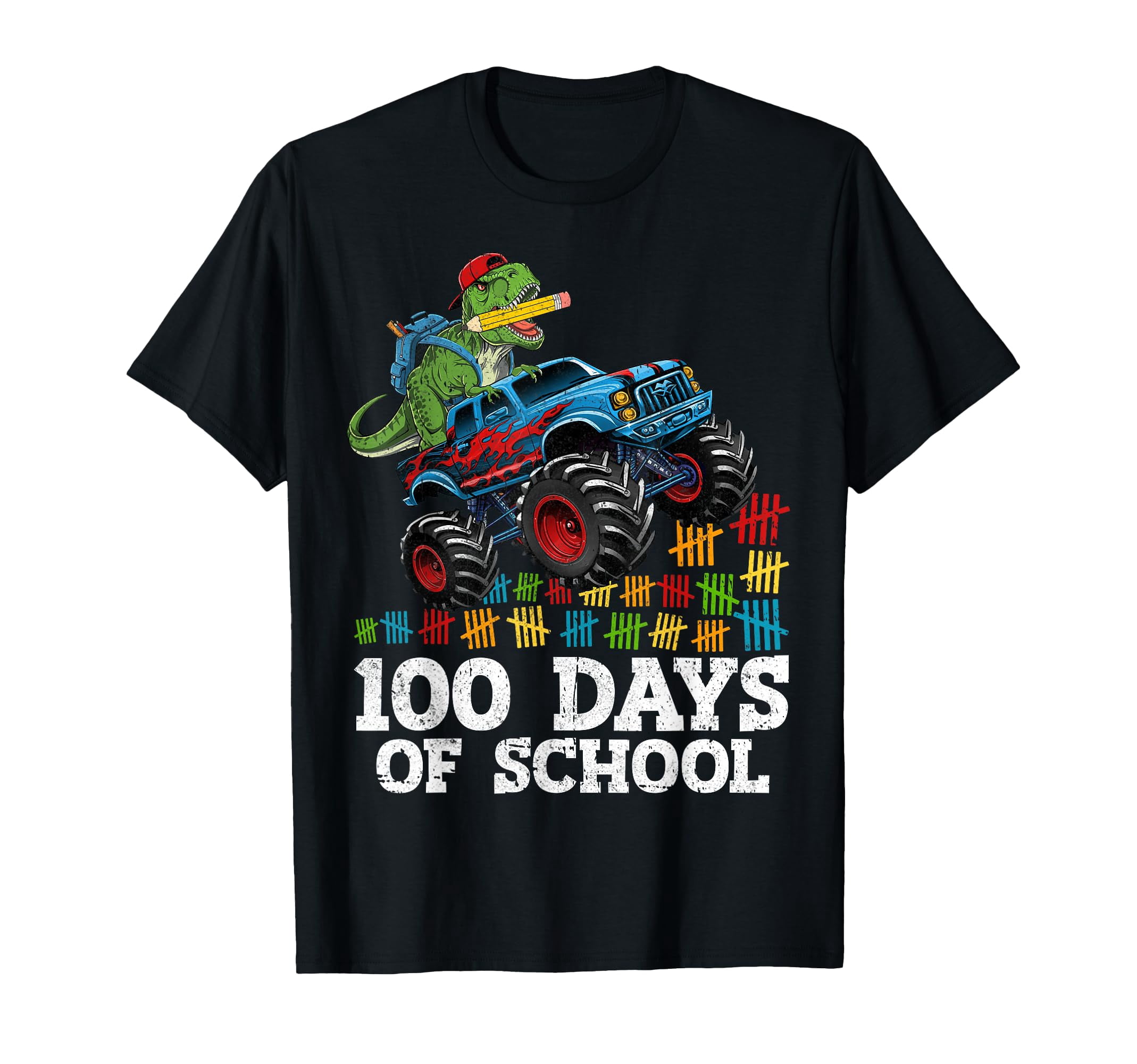 100 Days of School Monster Truck Dino T-Shirt, Cartoon Dinosaur in Blue ...