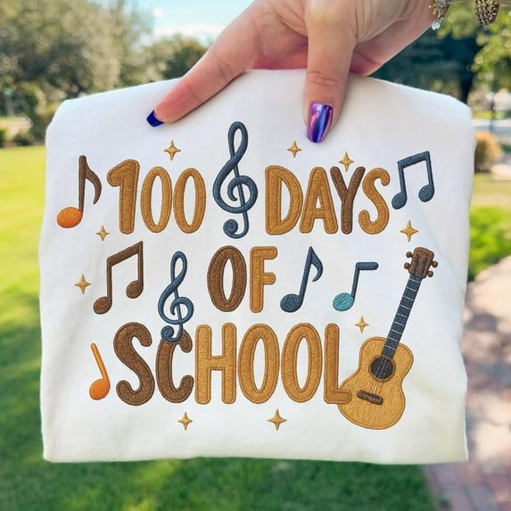 100 Days of School Music Applique Embroidered Style Sublimation Design ...