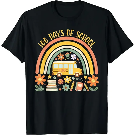 100 Days of School Rainbow Bus Teacher Student 100th Day T-Shirt ...
