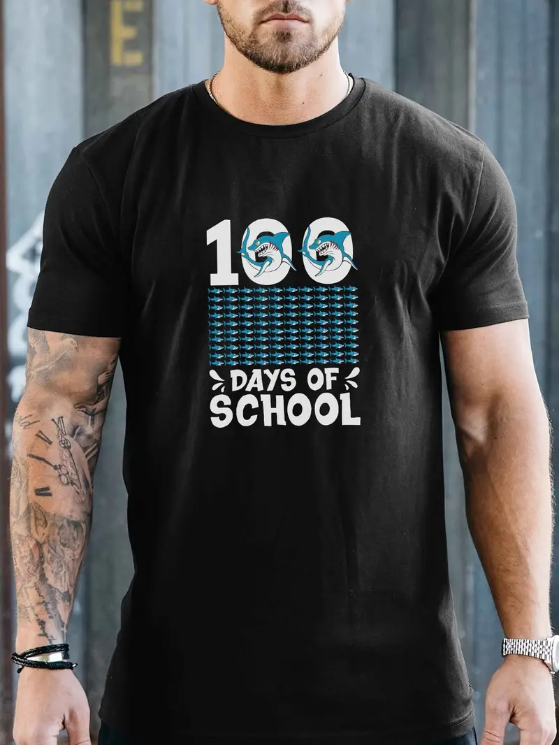 100 Days of School Shark Funny Men Graphic Short Sleeve T-Shirt ...