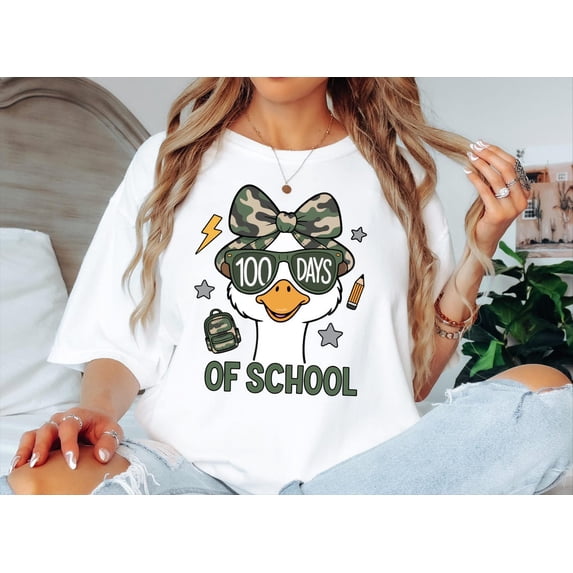100 Days of School Shirt, Cute Teacher Shirt, Camo Bow Glasses Duck Tee ...