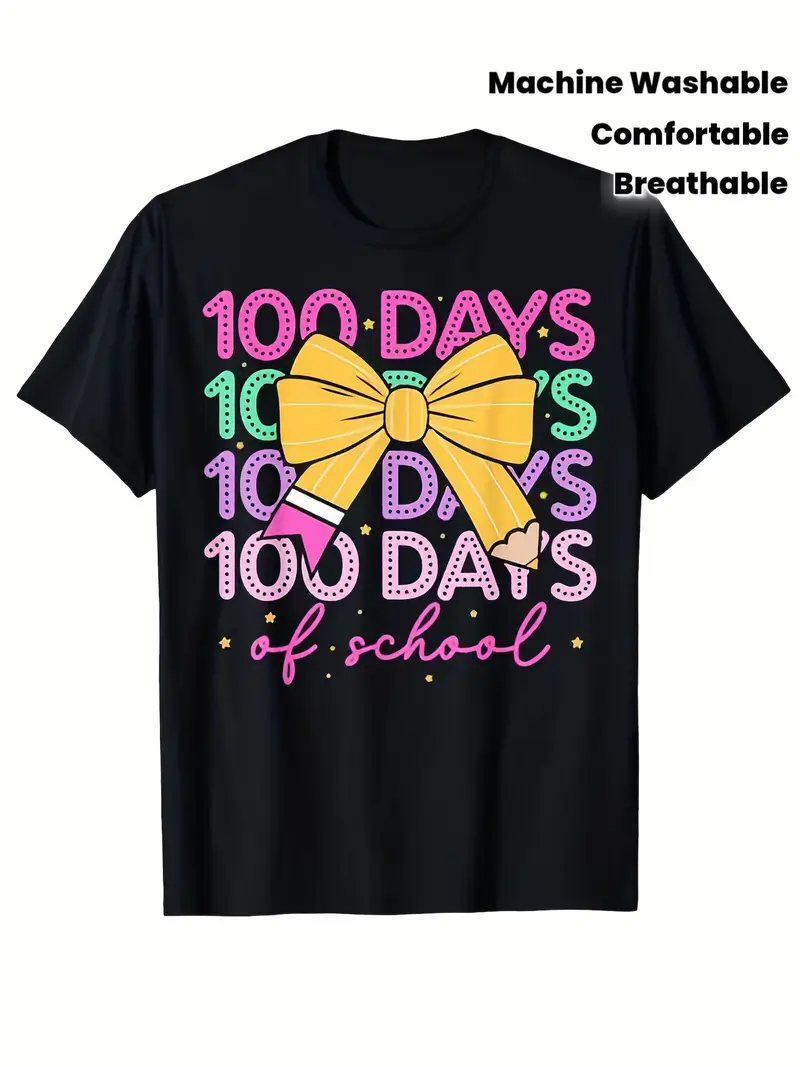 100 Days of School Teacher Pencil Bow Graphic Soft Short Sleeve T-Shirt ...