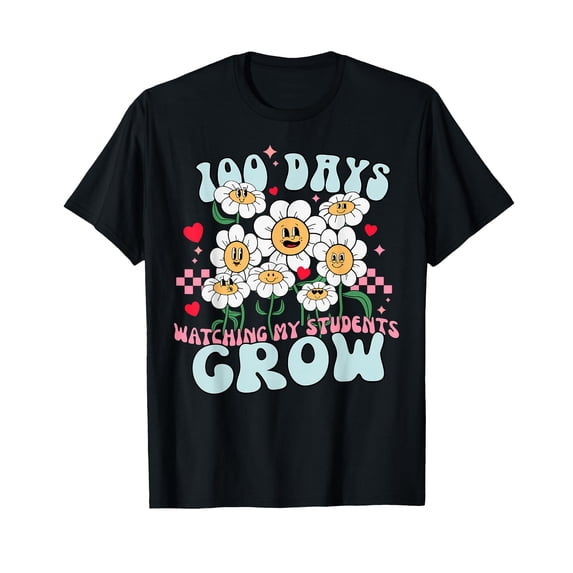 100 Days of School Teacher T-Shirt with Cartoon Flowers and Smiling ...