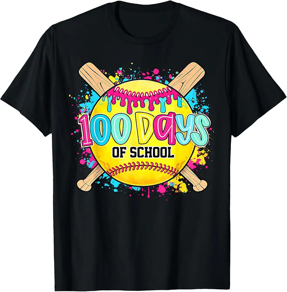 100 Drippy Days of School Softball Dripping 100th Day Girls T-Shirt ...