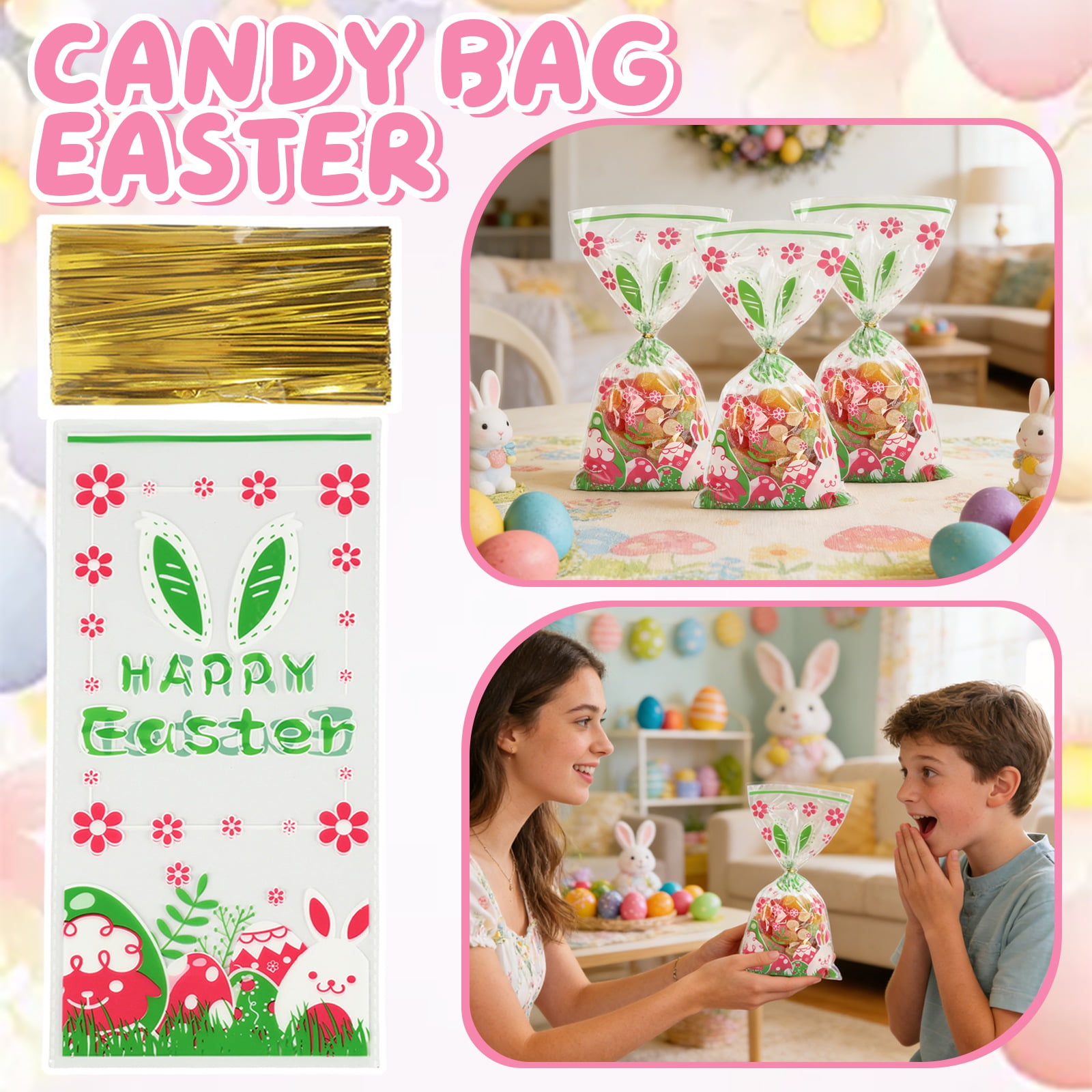 100 Easter Cellophane Gift Bags, Transparent Plastic Holiday Packaging ...