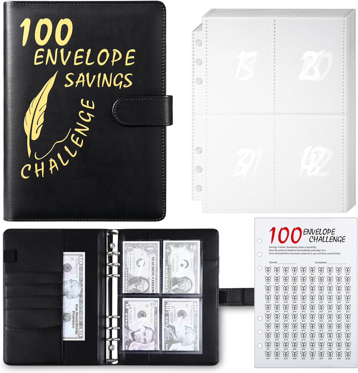 100 Envelope Challenge Binder, 25 Sheets Silkscreen Numbers to 100, Not ...