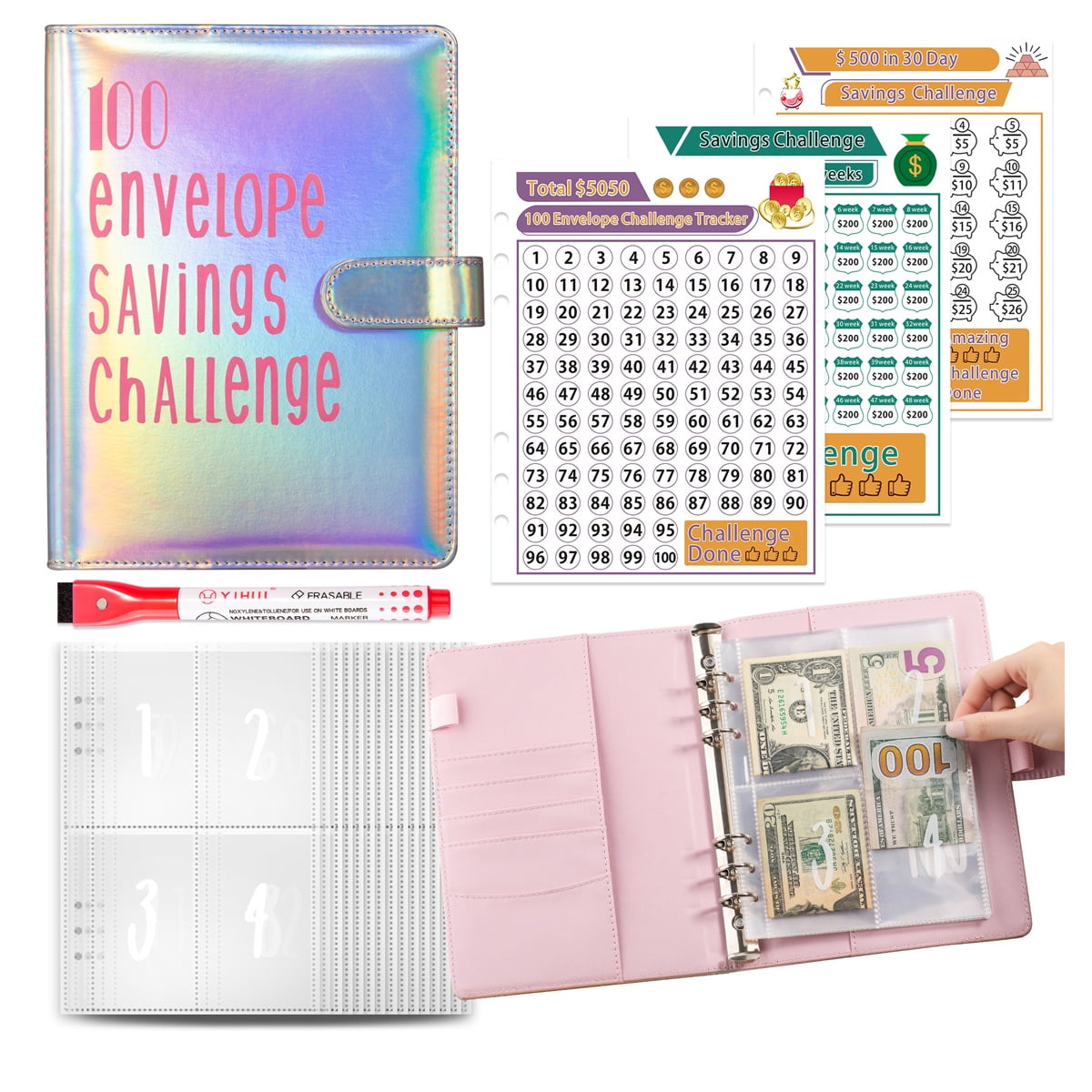 100 Envelope Challenge Binder, 25 Sheets Silkscreen Numbers To 100, Not ...