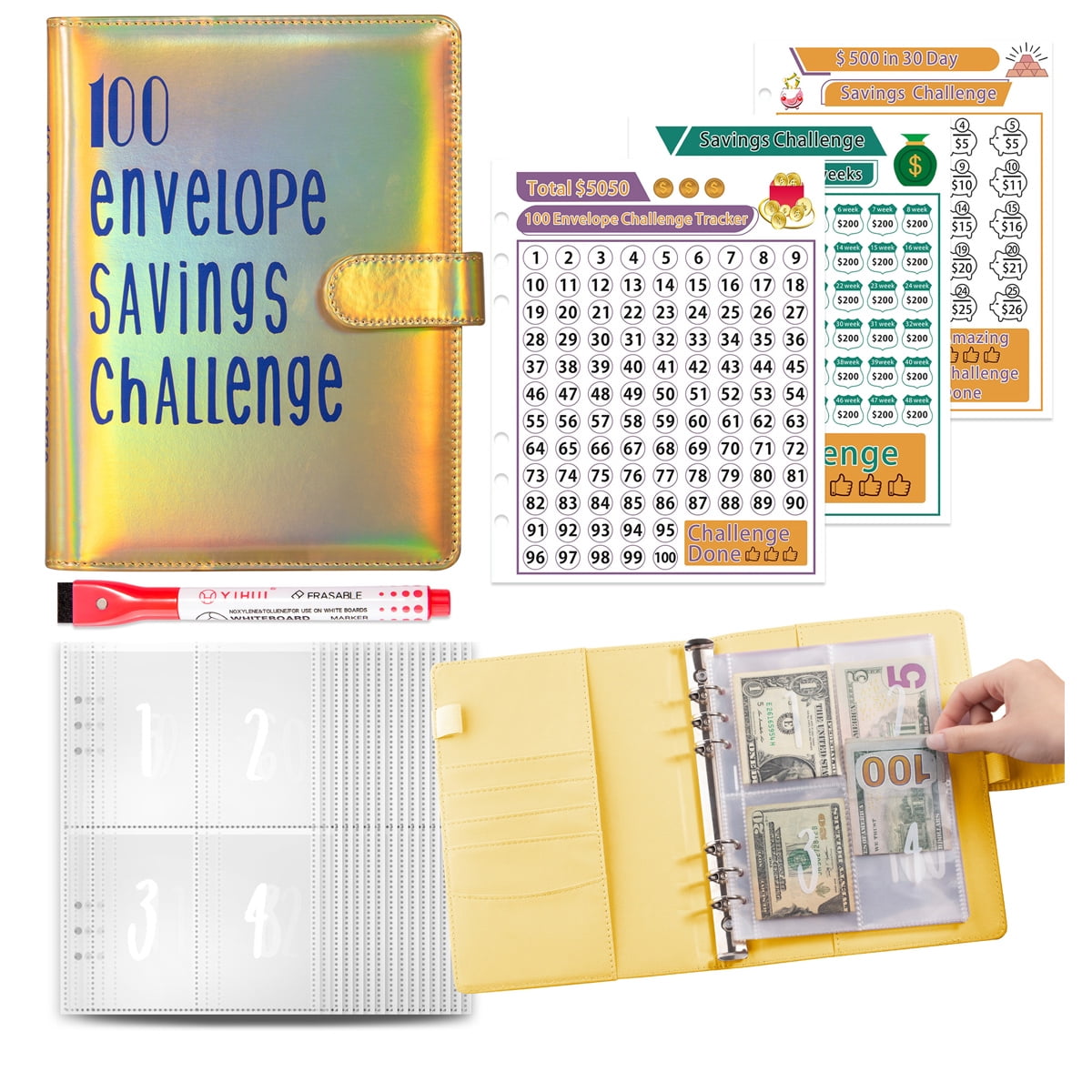 100 Envelope Challenge Binder, 25 Sheets Silkscreen Numbers To 100, Not ...
