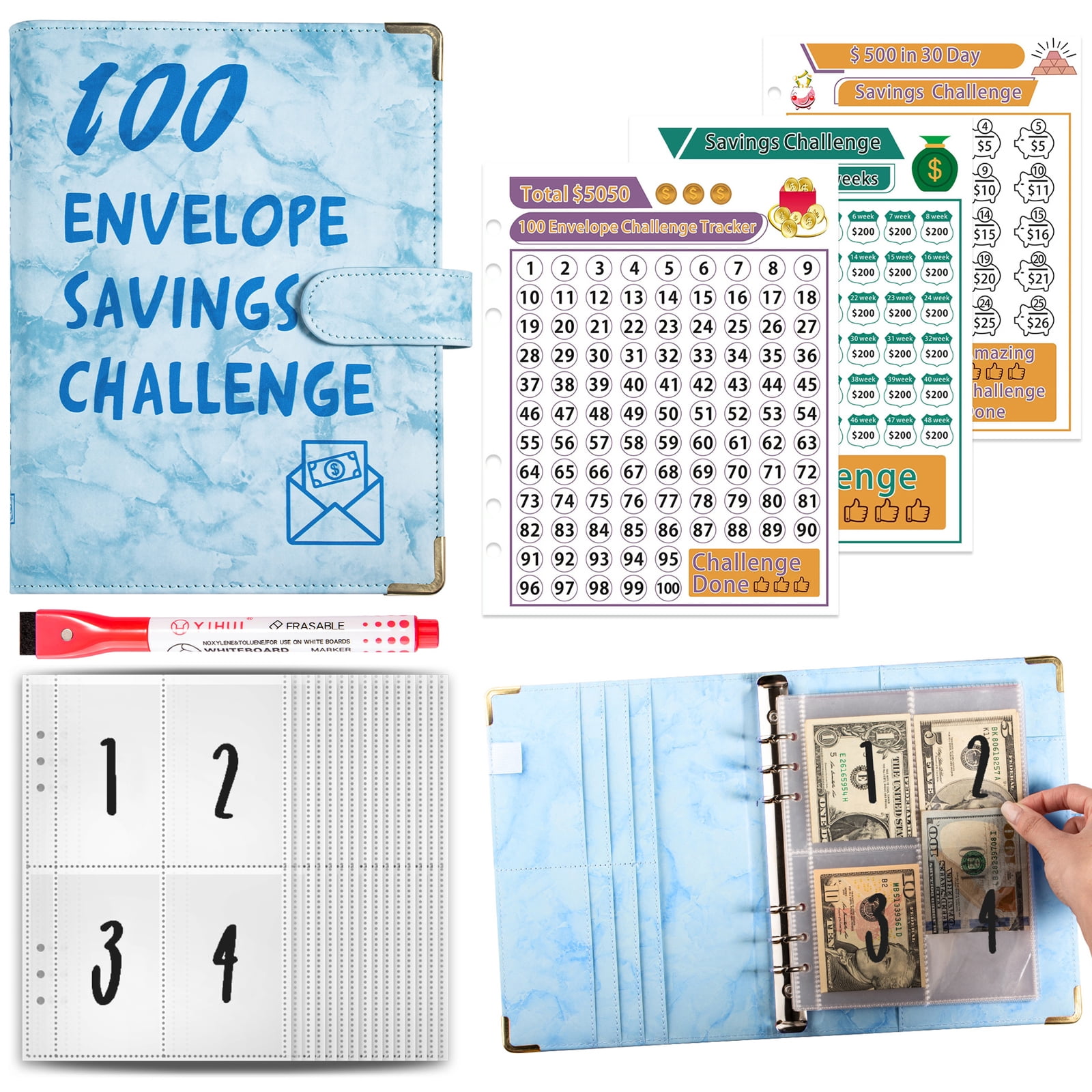 100 Envelope Money Saving Challenge Flipchart with 100 Clear Cash ...