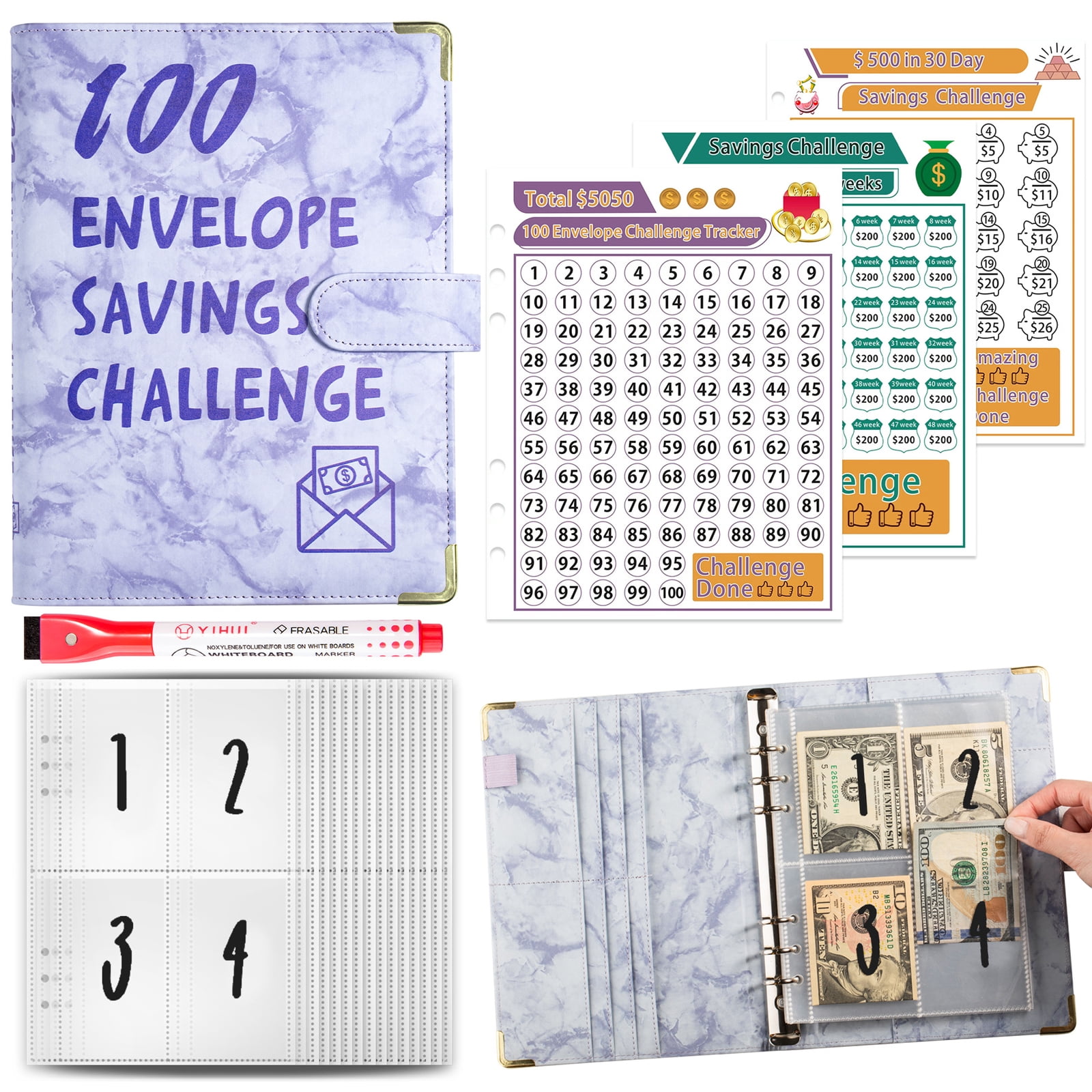 100 Envelope Money Saving Challenge Flipchart with 100 Clear Cash ...