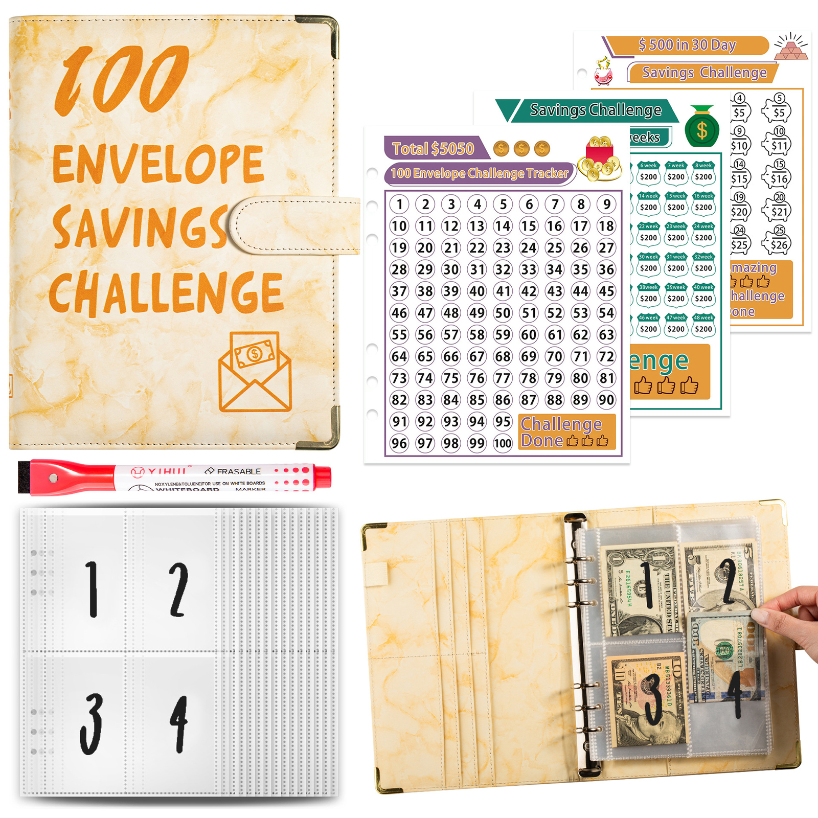 100 Envelope Money Saving Challenge Flipchart with 100 Clear Cash ...