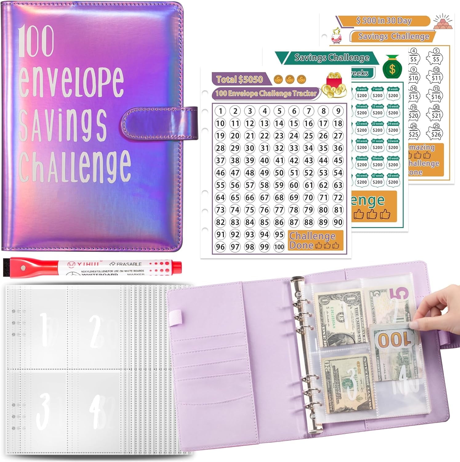 100 Envelopes Money Saving Challenge Binder - 100 Day Money Saving ...
