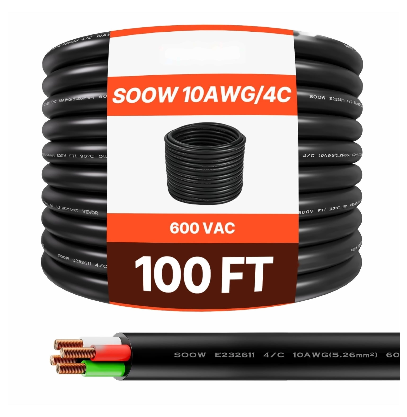 100 FT 10AWG Power Cable, 600V Electrical Extension Cord - CPE Rubber ...