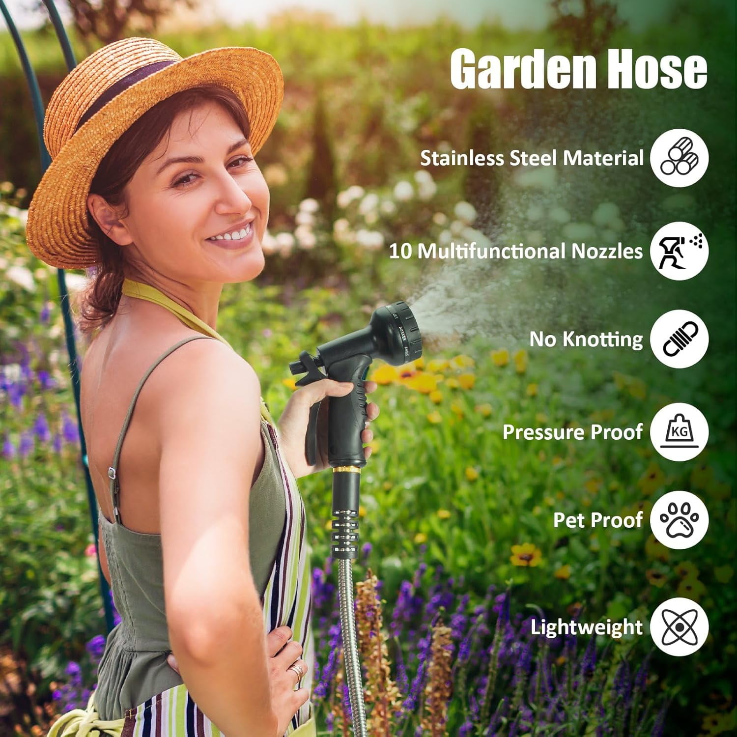 100 FT Metal Garden Hose, Stainless Steel Heavy Duty Wate Hose With 10 ...