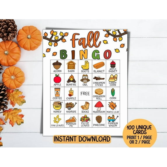 100 Fall Bingo Cards, Printable Autumn Bingo, Fall Activity ...