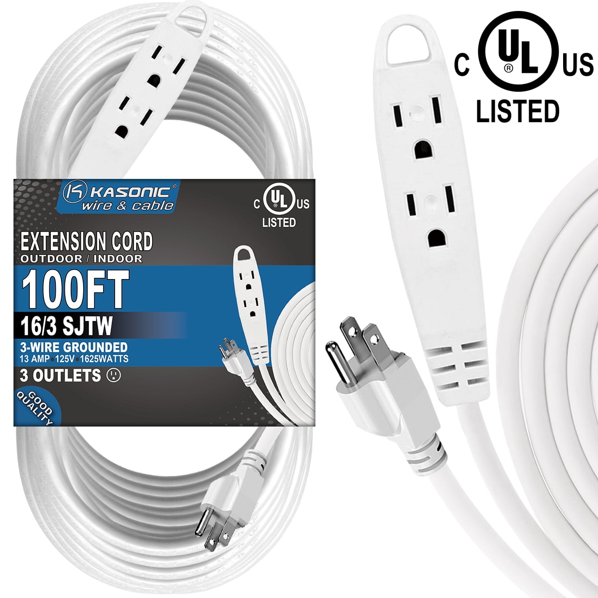 100-Feet 3 Outlet Extension Cord, Kasonic UL Listed, 16/3 SJTW 3-Wire ...
