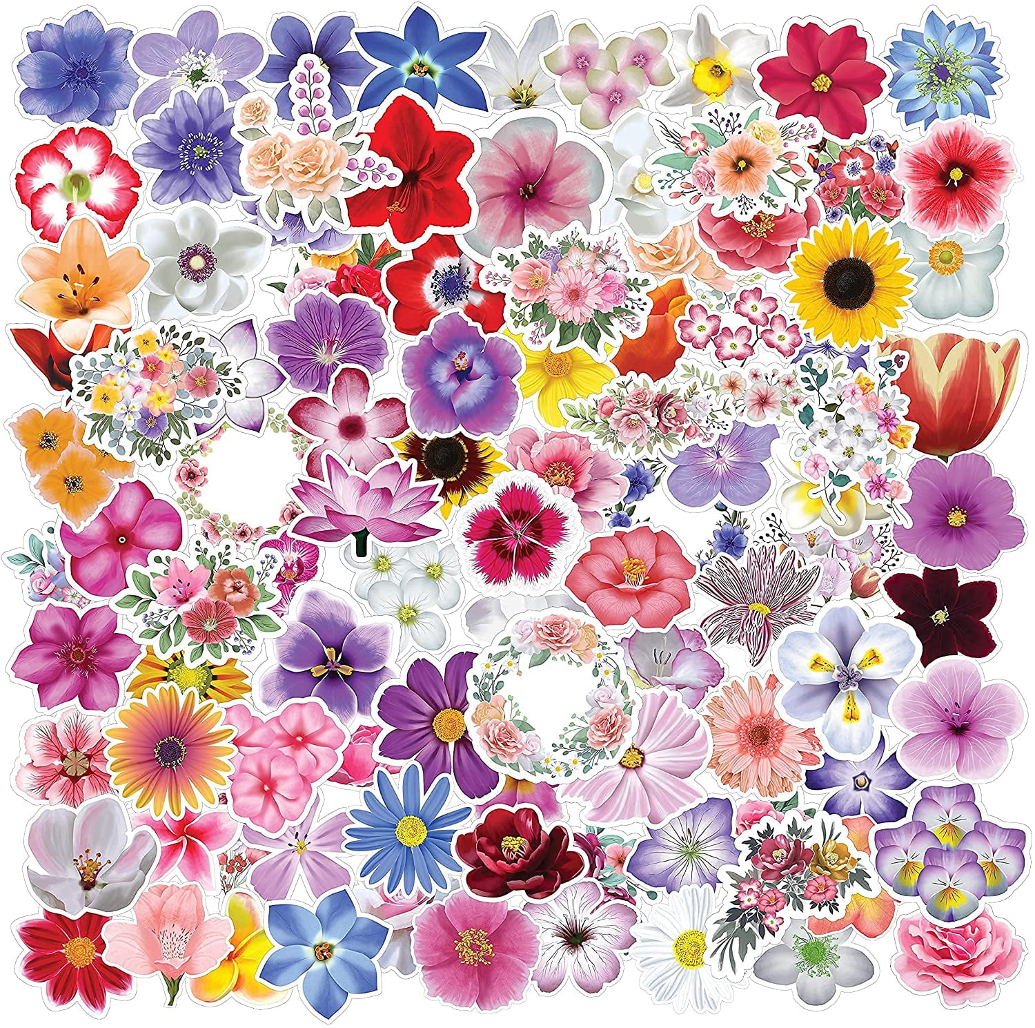 Girly Cute 100 Flower Stickers, Waterproof Vinyl Pack for Scrapbook ...