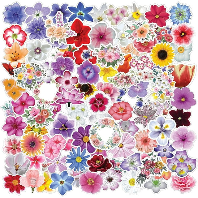 Girly Cute 100 Flower Stickers, Waterproof Vinyl Pack for Scrapbook ...