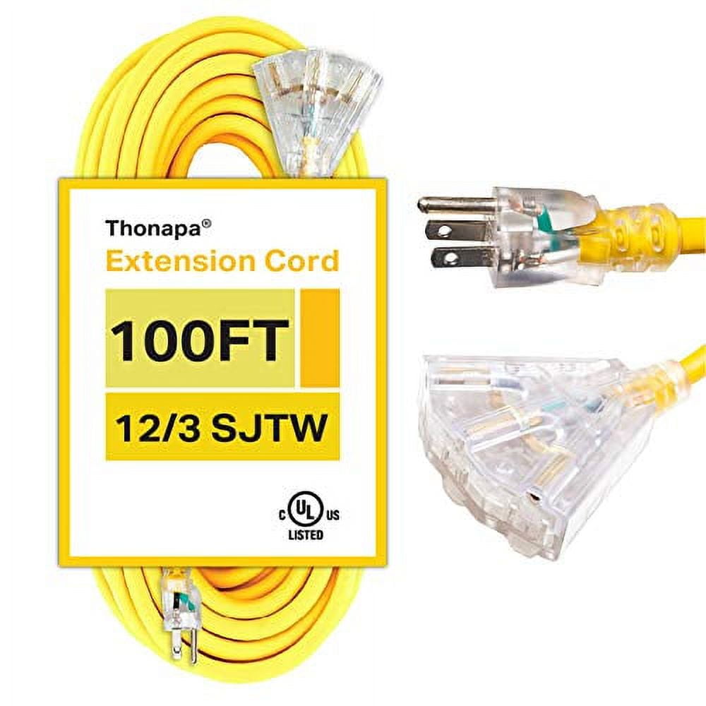 100 Foot Lighted Outdoor Extension Cord with 3 Electrical Power Outlets ...