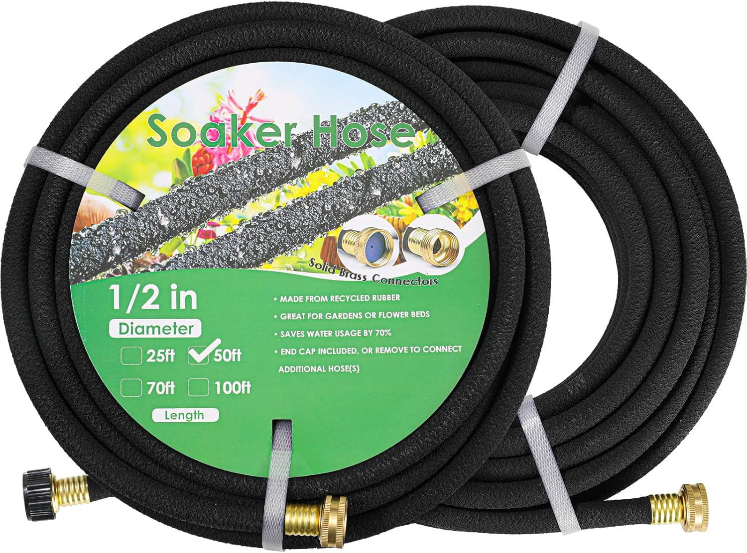 100 Ft 1/2" Soaker Hose with Solid Brass Connectors, Heavy Duty Drip ...