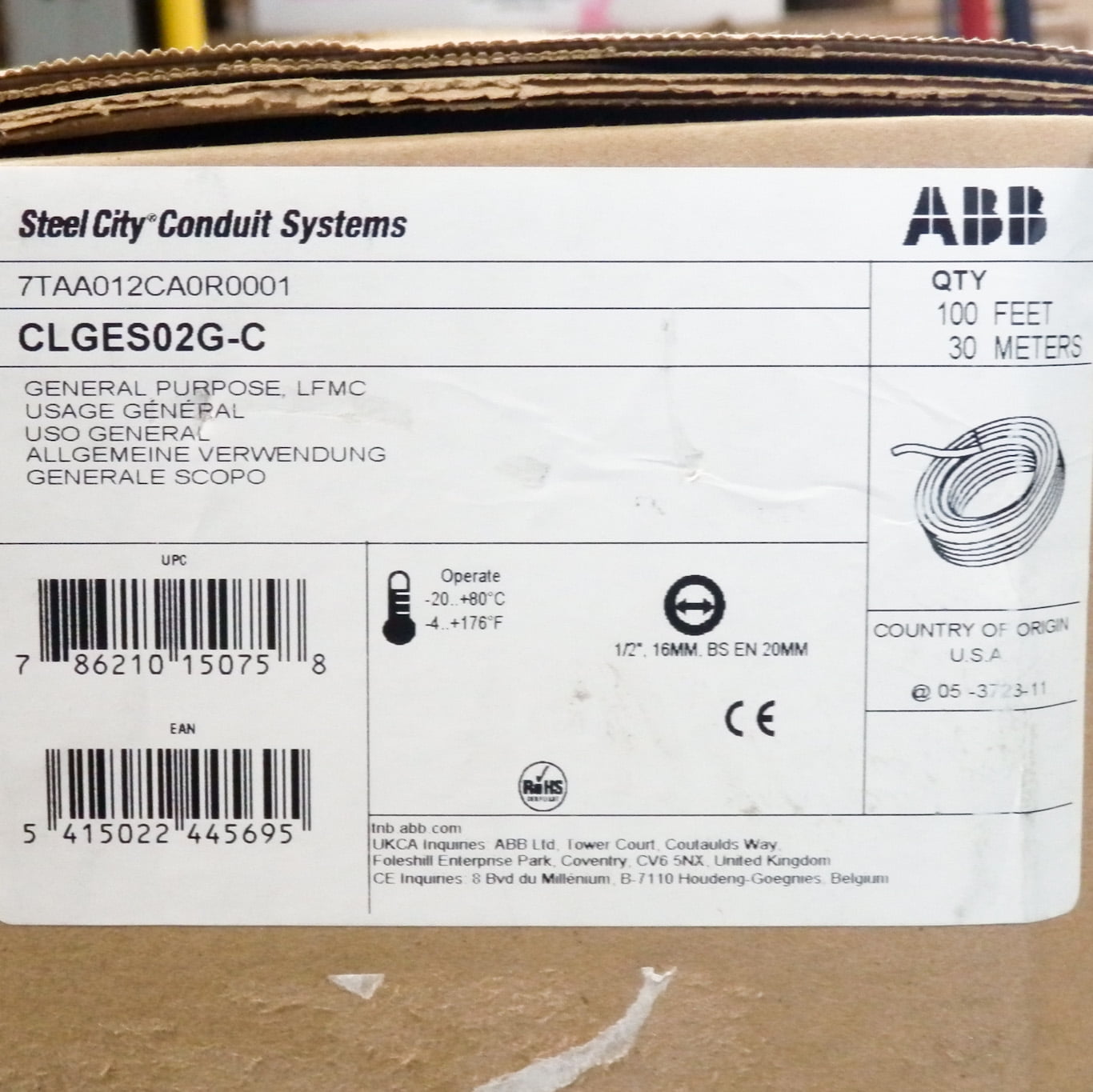 100 Ft. ABB Steel City Conduit Systems CLGES02G-C 1/2" Liquidtight Flex ...