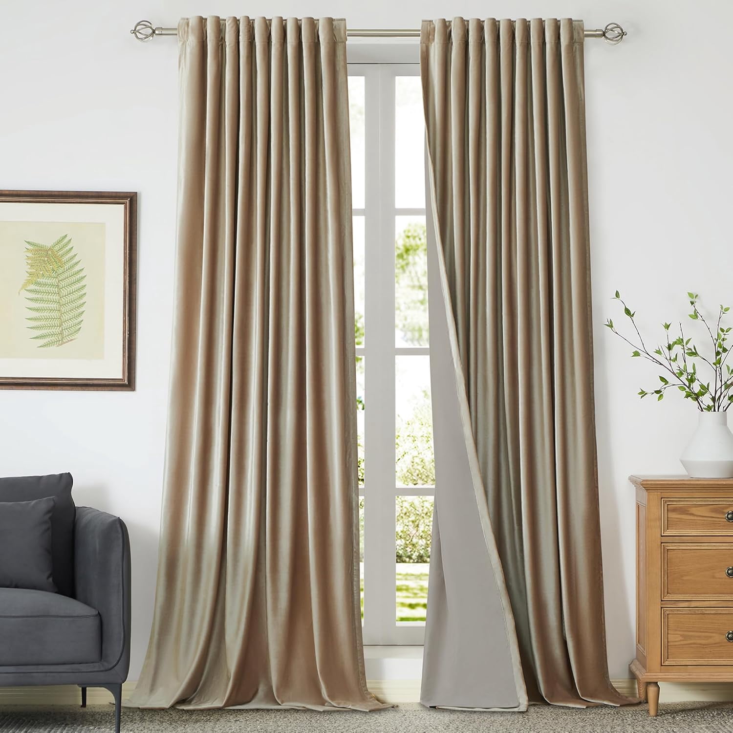 100% Full Blackout Champagne Beige Velvet Curtains 120 inch Long for ...