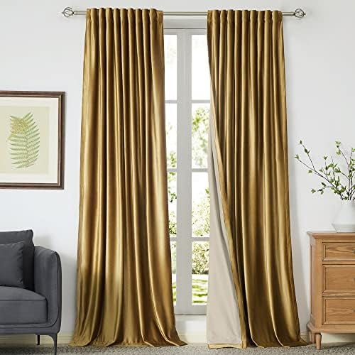 100% Full Blackout Golden Velvet Curtains 84 inch Long for Living Room ...