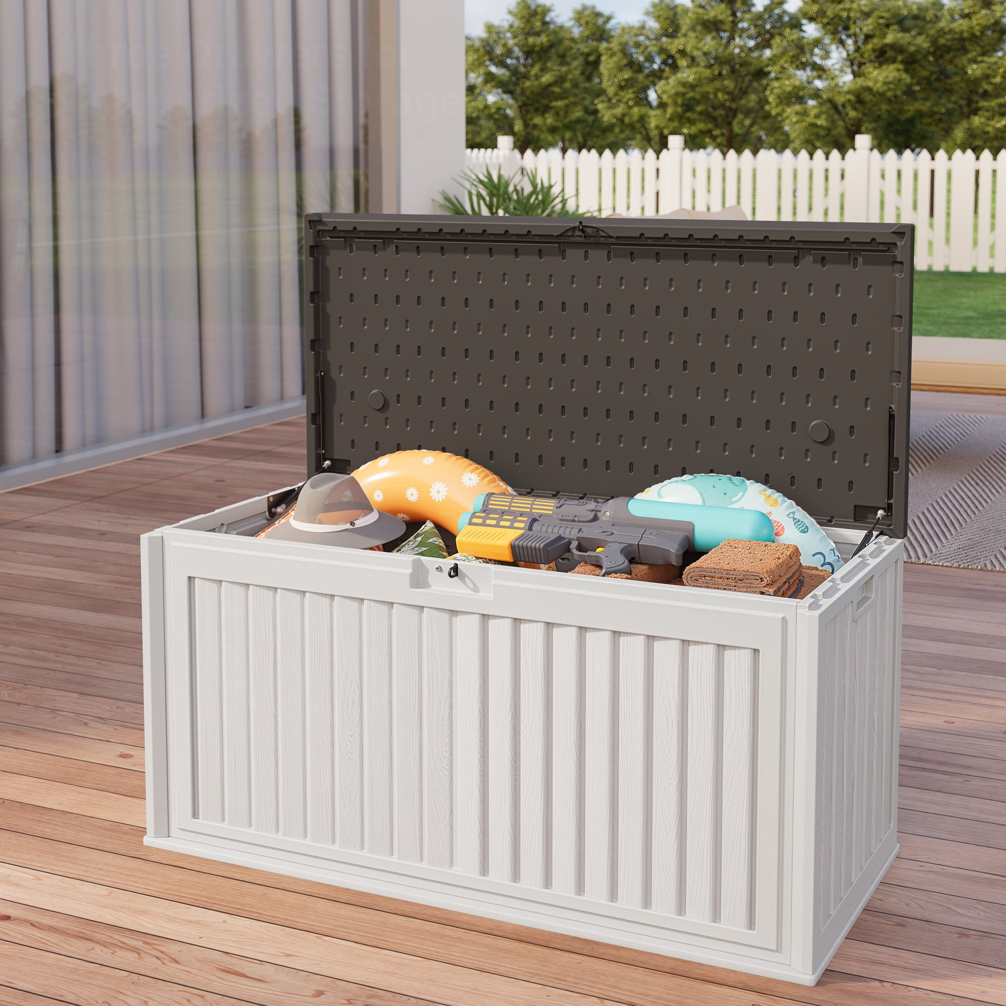 100 Gallon Outdoor Deck Box with Lockable Lid - Waterproof Resin ...
