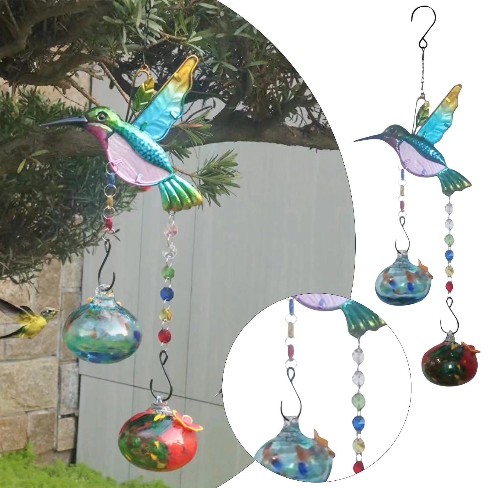 100% Glass！Charming Wind Chimes Outdoor Hummingbird Water Feeder Wind ...