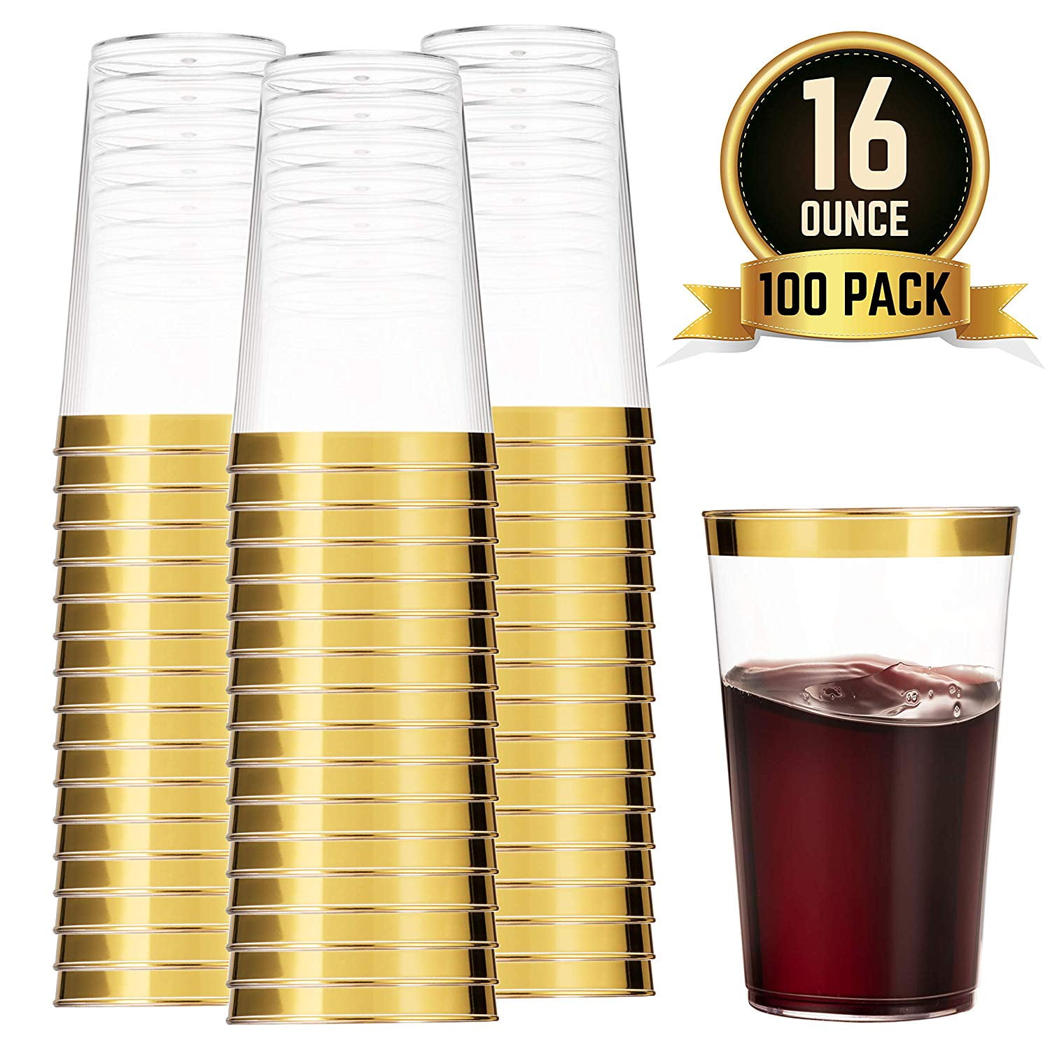 MUNFIX 100 16 oz Gold Rimmed Transparent Wine Cocktail Plastic Cups for ...