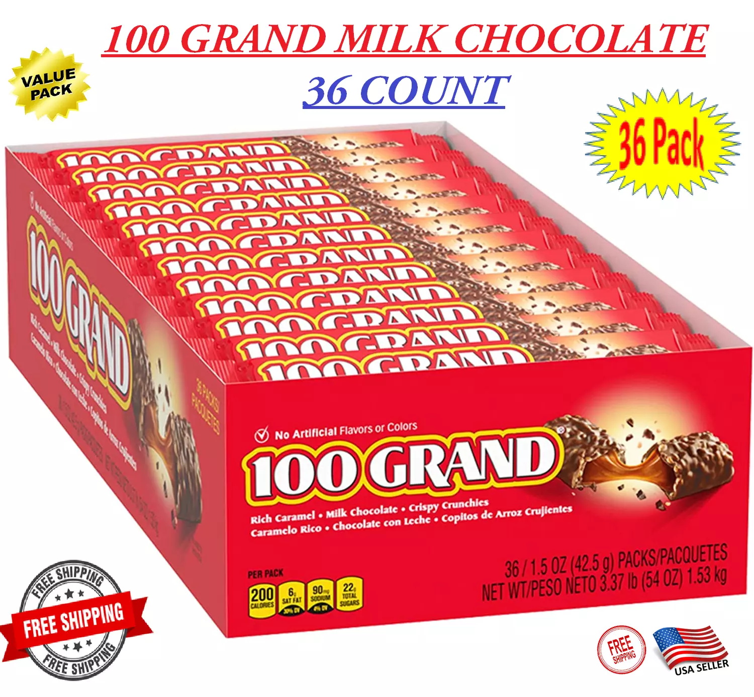 100 Grand Bars, Milk Chocolate, Full Size Candy 1.5 Ounce (Pack of 36 ...