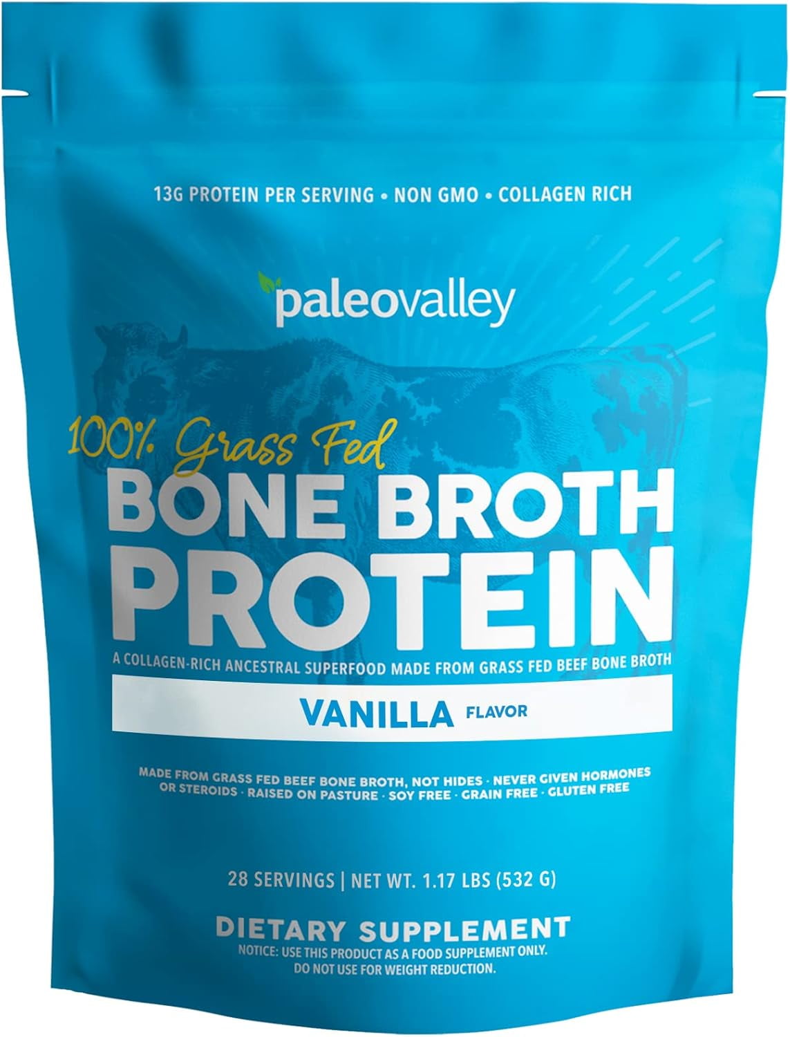 100% Grass Fed Bone Broth Protein Powder - Vanilla - Rich in Collagen ...